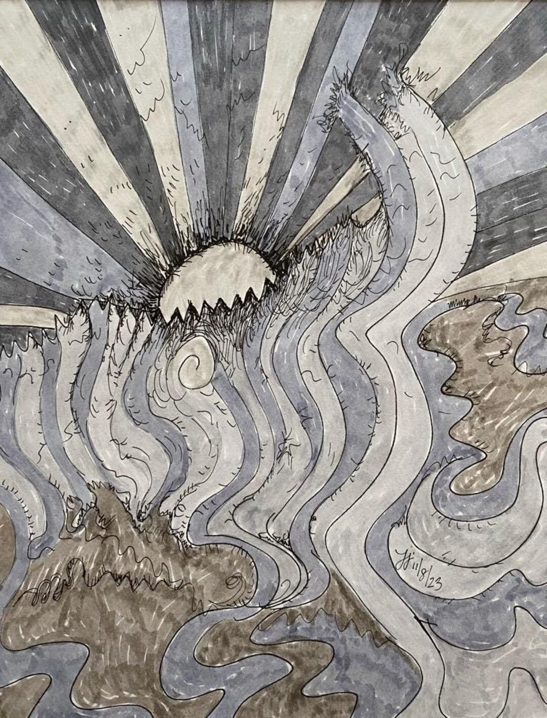 Hand Drawn, Gray Rays, is an 8" X 10" Pen and Ink Marker Drawing of a ...