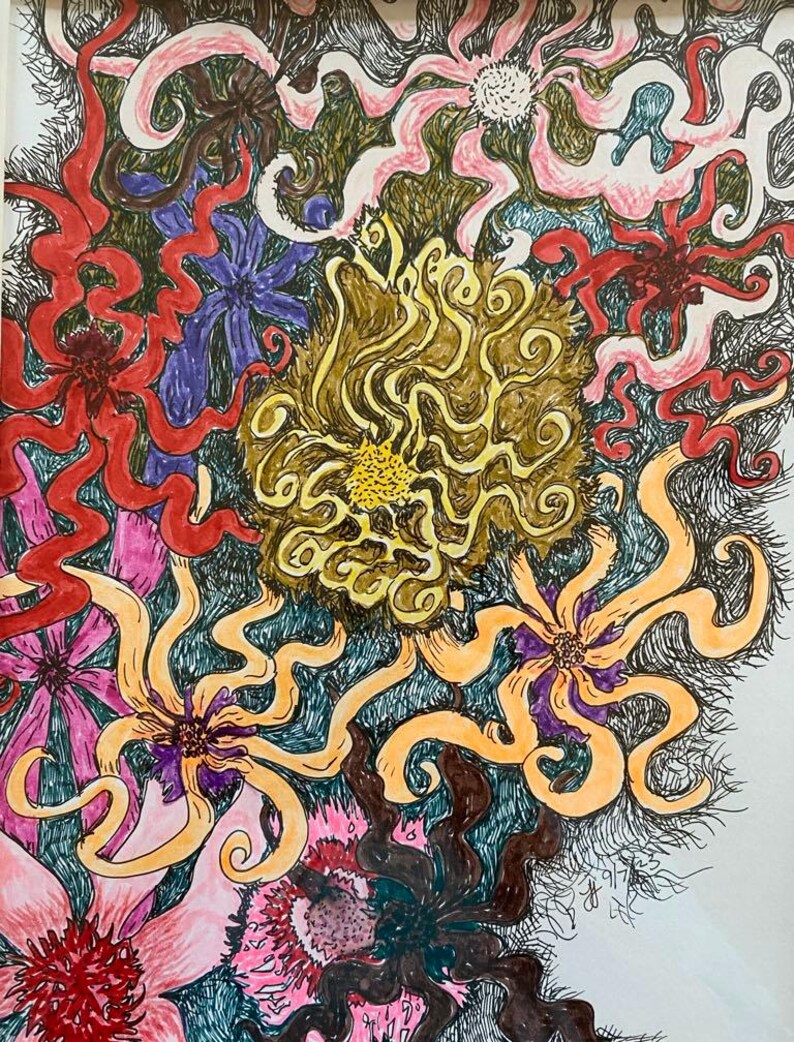 Hand Drawn, Fluorescent Flowers, is a 9" X 12" Illustration of Lively ...