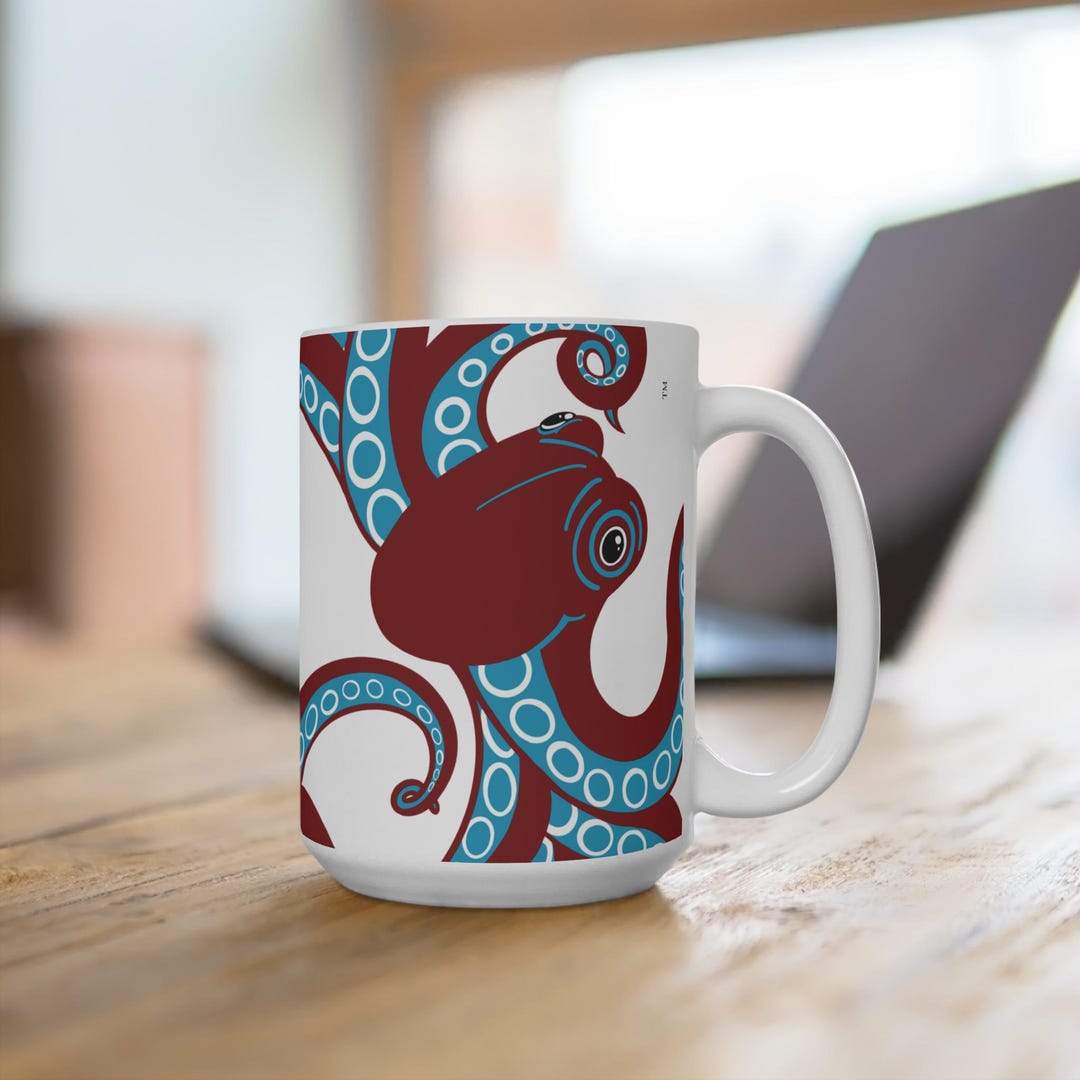 15oz Ceramic Mug (octopus Red/aqua) - Etsy
