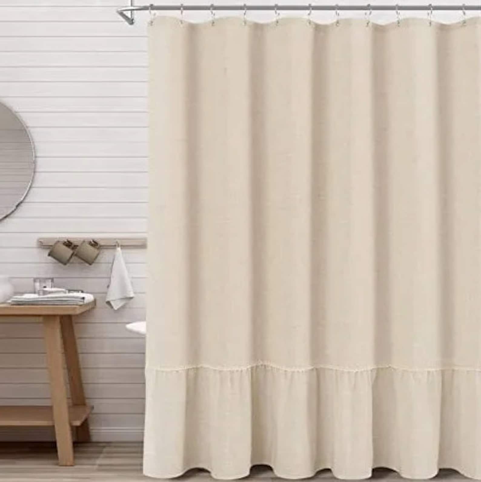 Pure Linen Long Ruffled Shower Curtains, Natural Linen, Linen Shower ...