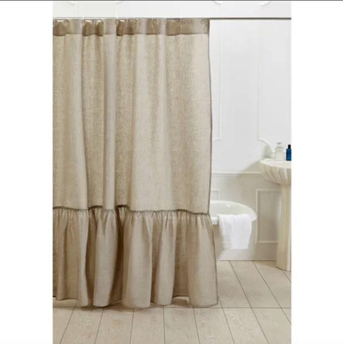 Pure Linen Long Ruffled Shower Curtains, Natural Linen, Linen Shower ...