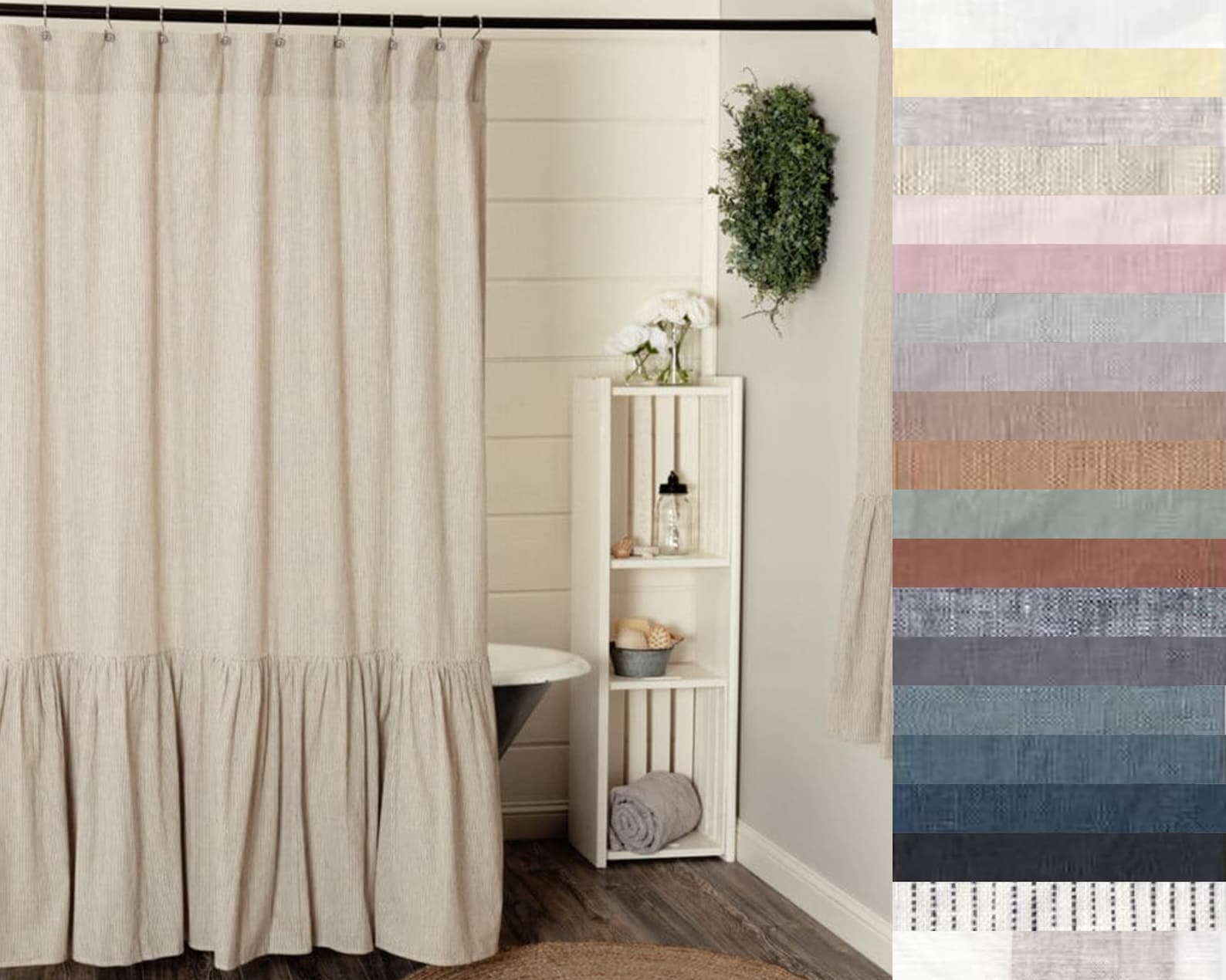 Pure Linen Long Ruffled Shower Curtains, Natural Linen, Linen Shower ...
