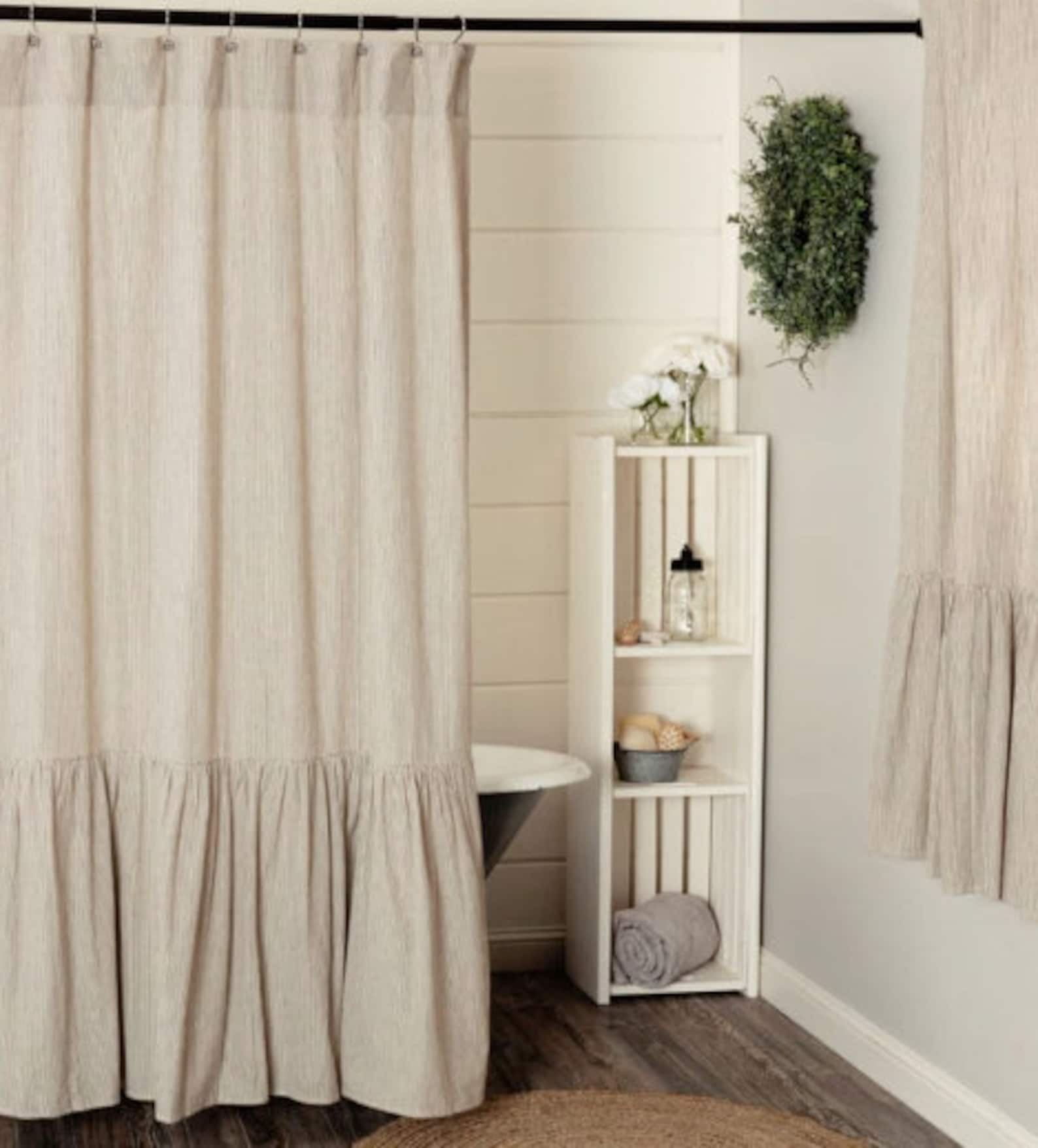 Pure Linen Long Ruffled Shower Curtains, Natural Linen, Linen Shower ...