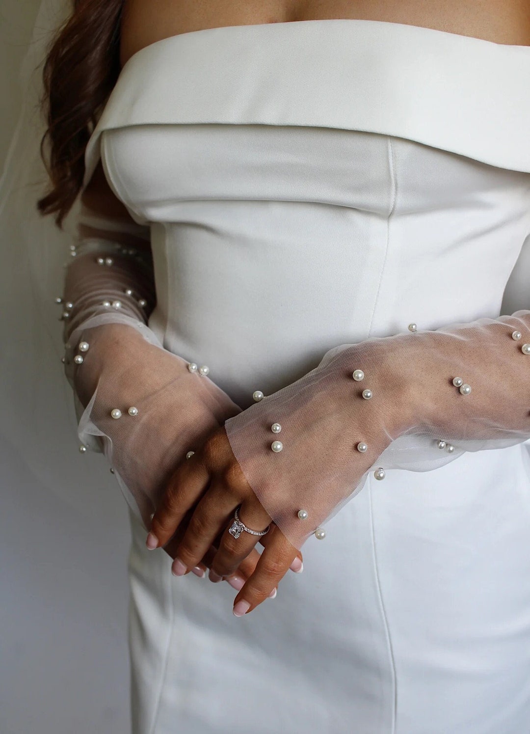 Full Fingerless Pearl Long Tulle Glove Bridal Fingerless Arm Cuff Sheer ...
