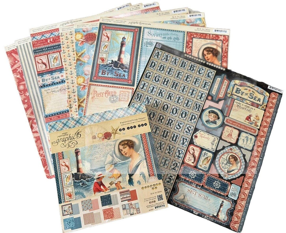 New Graphic 45 8x8 Paper Pack BY THE SEA Stickers Six 12x12 Sheets Lot ...