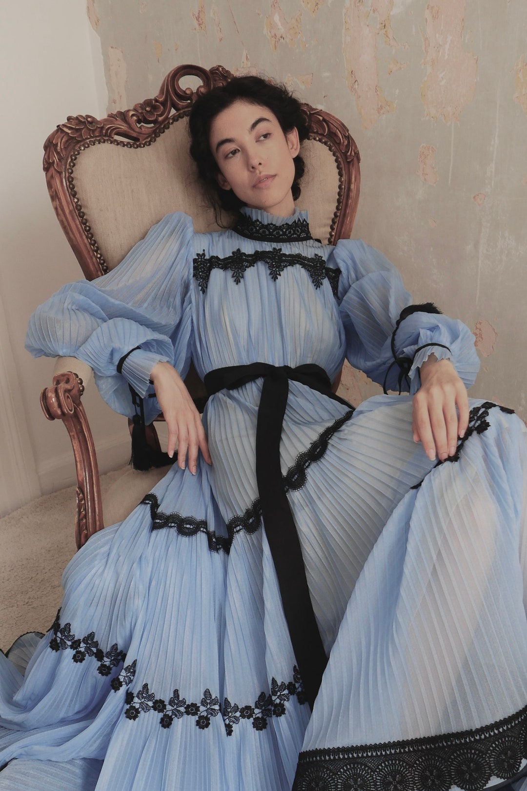 Romantic Dress Made From Blue Waffle Fabric - GYULHEFZA - Etsy