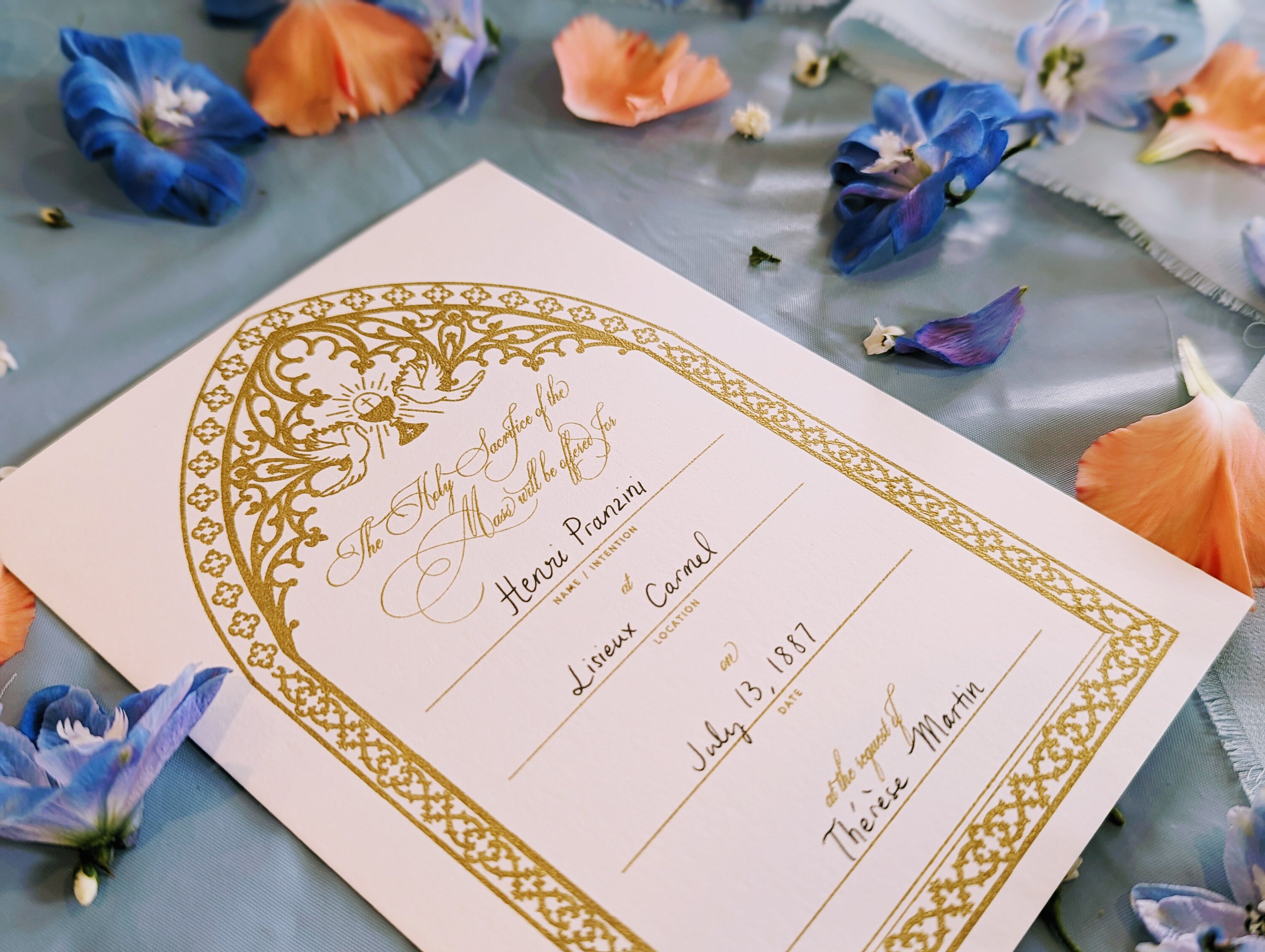 Gold Elegant Catholic Mass Intention Card With Eucharist and Doves in ...