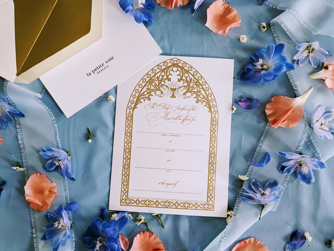 Gold Elegant Catholic Mass Intention Card With Eucharist and Doves in ...