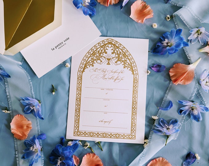 Gold Elegant Catholic Mass Intention Card With Eucharist and Doves in ...