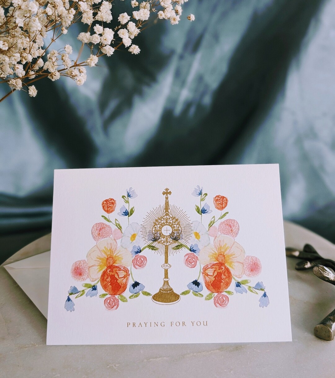 Praying for You Card With Spring Flowers and Eucharist in Monstrance ...