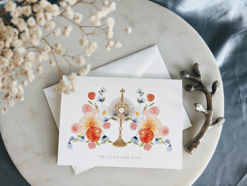 Praying for You Card With Spring Flowers and Eucharist in Monstrance ...