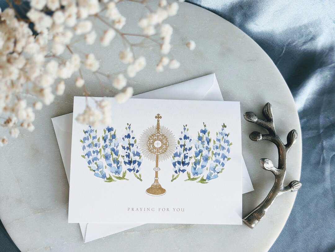 Praying for You Card With Blue Flowers and Eucharist in Monstrance ...