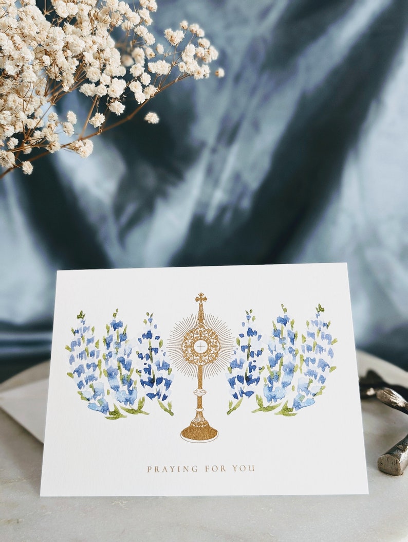Praying for You Card With Blue Flowers and Eucharist in Monstrance ...