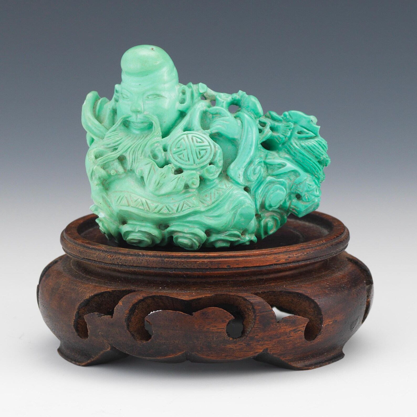 Chinese Turquoise Carved Cabinet Sculpture of Shou Lao on Mythical ...