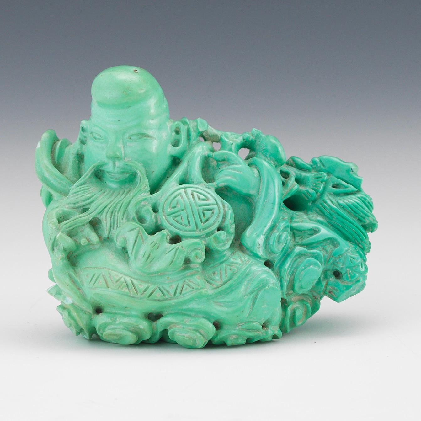 Chinese Turquoise Carved Cabinet Sculpture of Shou Lao on Mythical ...