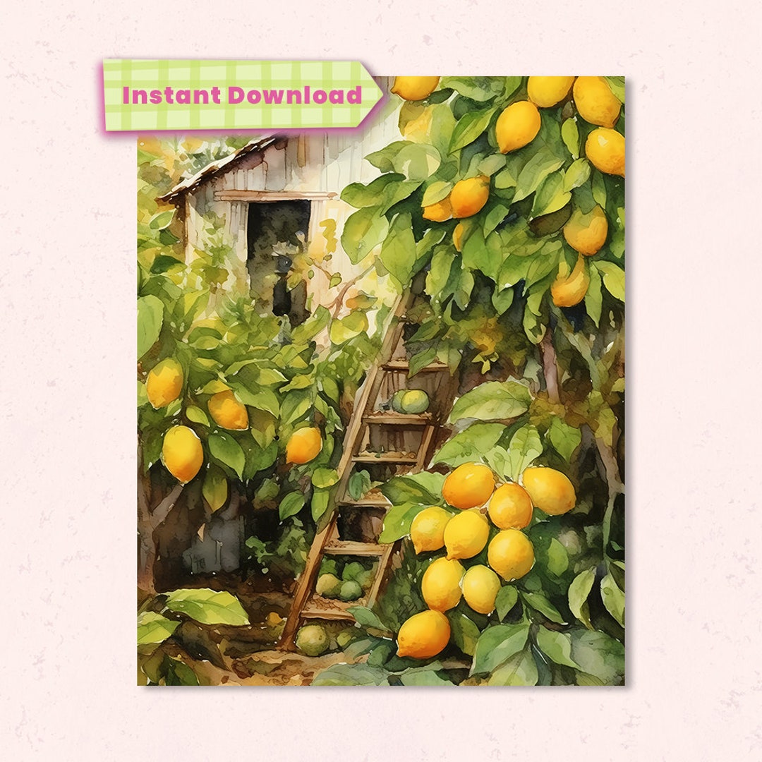 Barn and Lemon Trees || Printable, Instant Download || Watercolor ...