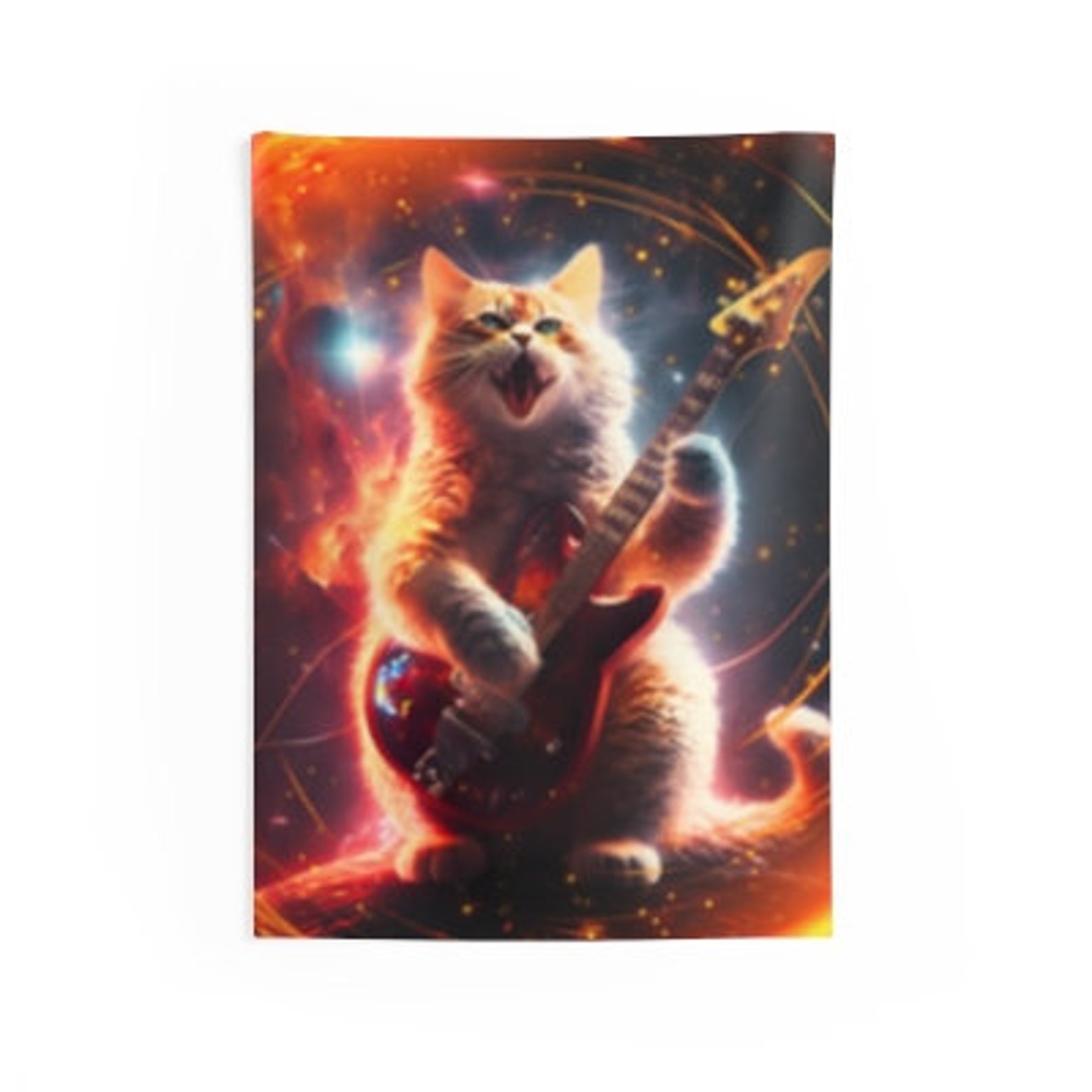 Meow Cat's Rockin' Guitar Cat Indoor Wall Tapestries, Kitty Rockstar ...