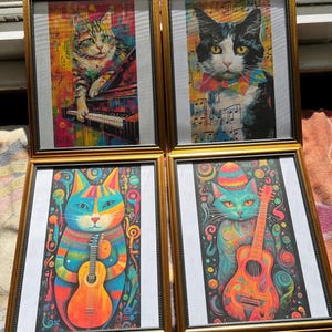Guitar Cats / Keyboard Piano Cats Prints Framed Pictures, Set of 4 ...