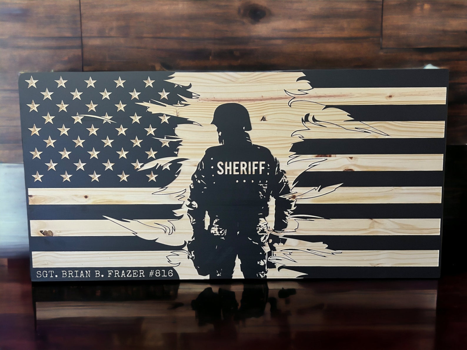 Custom Engraved Sheriff's Wooden Flag Personalized Law Enforcement ...