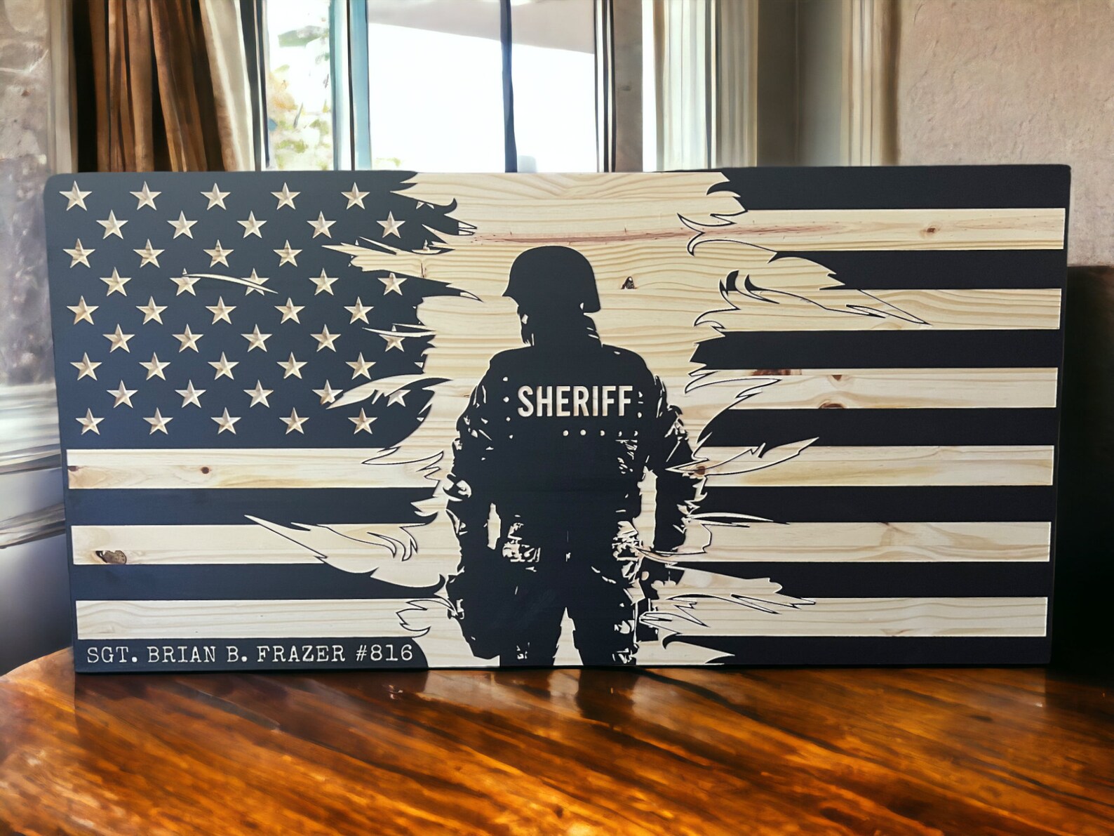 Custom Engraved Sheriff's Wooden Flag Personalized Law Enforcement ...