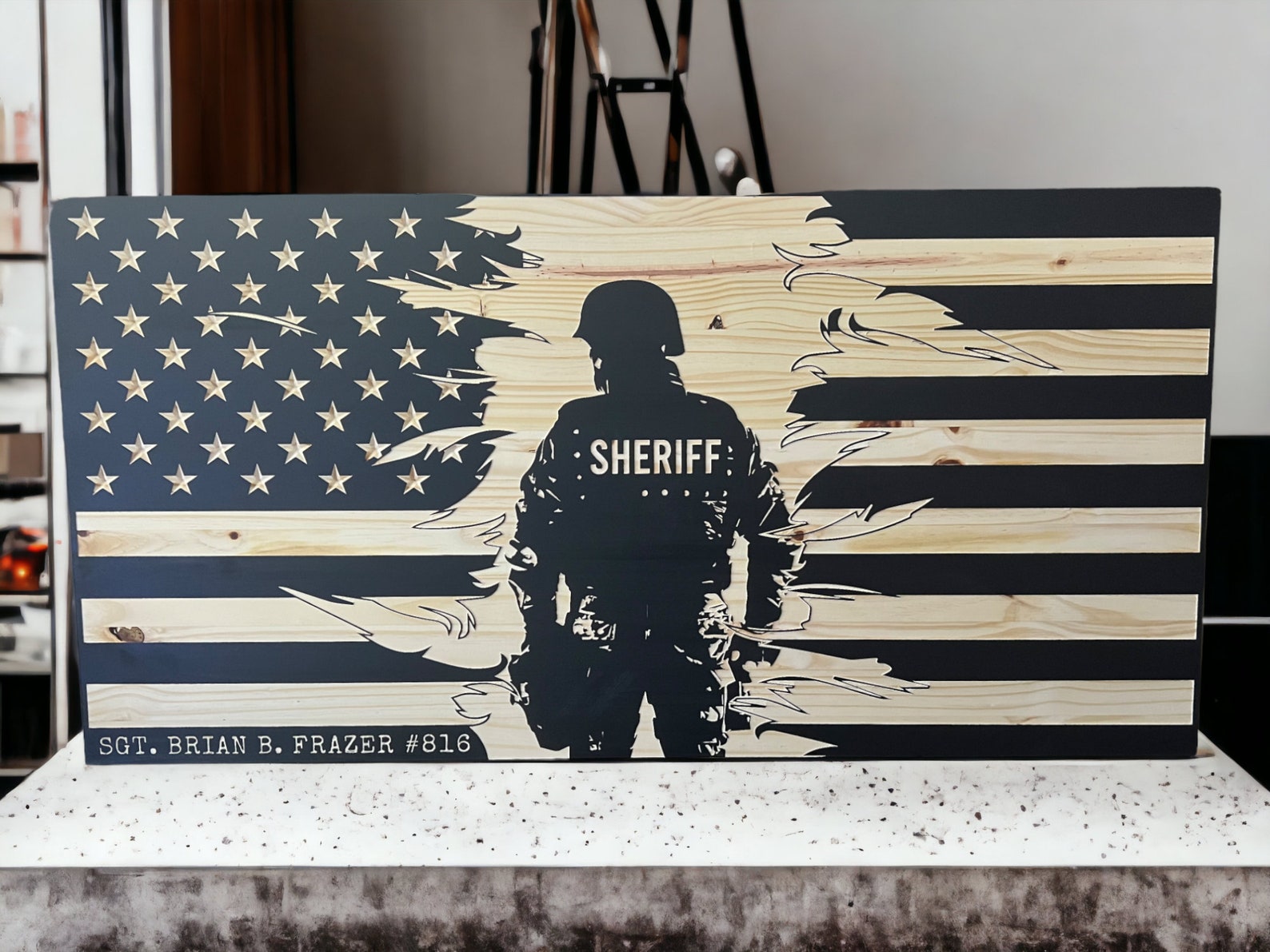 Custom Engraved Sheriff's Wooden Flag Personalized Law Enforcement ...
