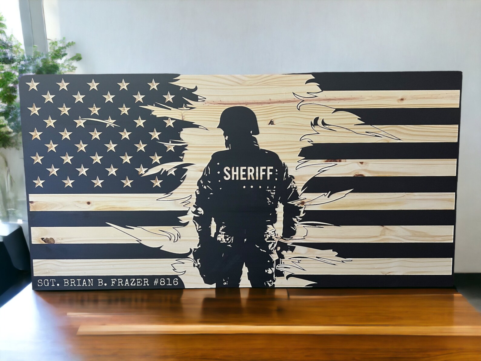 Custom Engraved Sheriff's Wooden Flag Personalized Law Enforcement ...