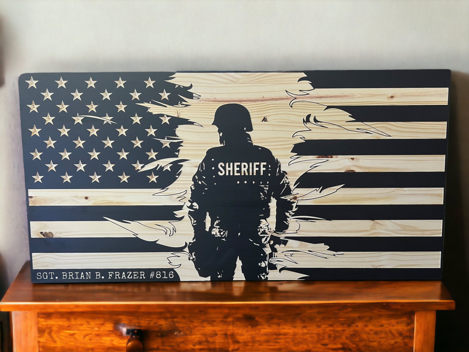 Custom Engraved Sheriff's Wooden Flag Personalized Law Enforcement ...