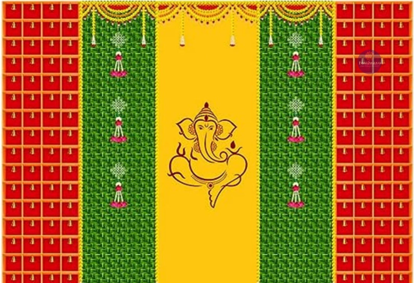 Ganpati Pooja Backdrop, Indian Temple Cloth, Festive Decor (5x8 Feet ...