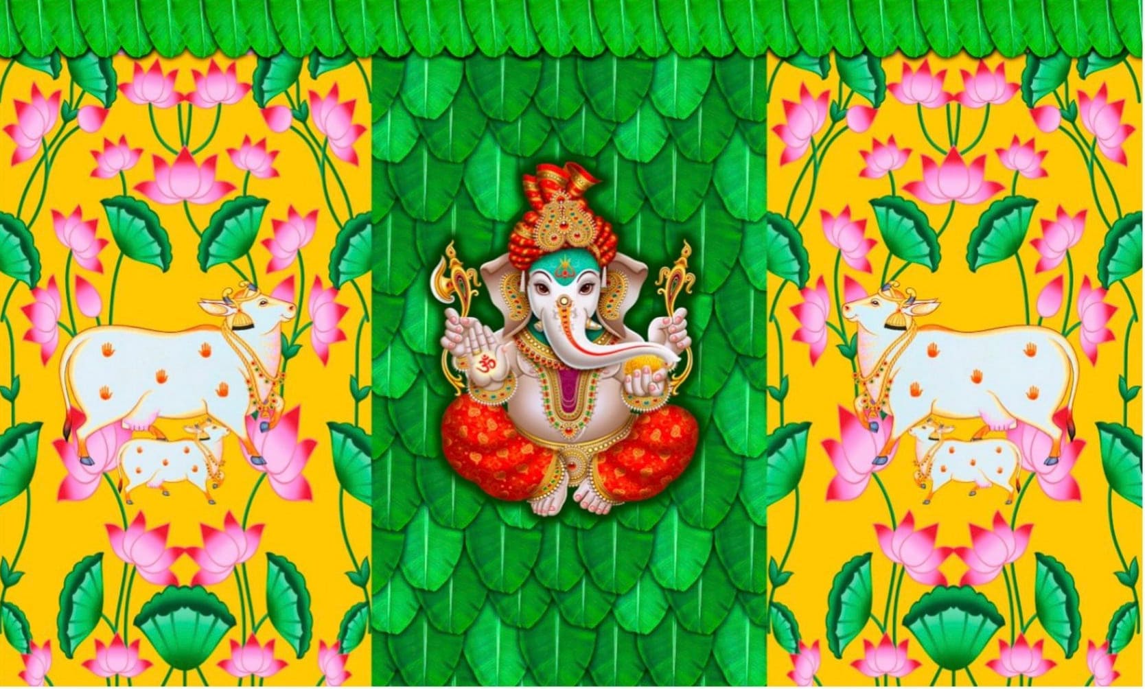 Festiwave Pichwai Cow Pooja Backdrop, 2 Pichwai Cow Pooja Cloth Ganesha ...