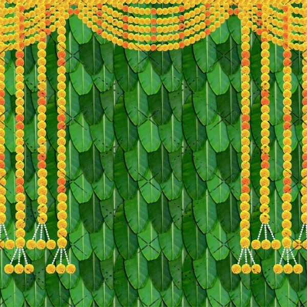 Festiwave Banana Leaf Backdrop Marigold Flower Pooja Backdrop Indian ...