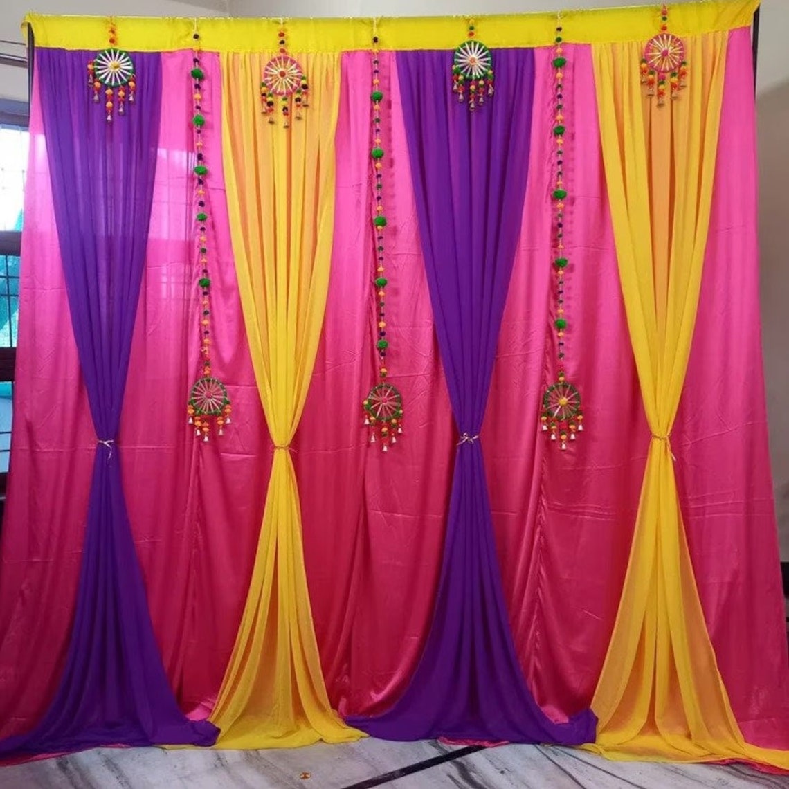 Haldi Decor Set: Indian Wedding Backdrop Curtains - Yellow, Pink ...