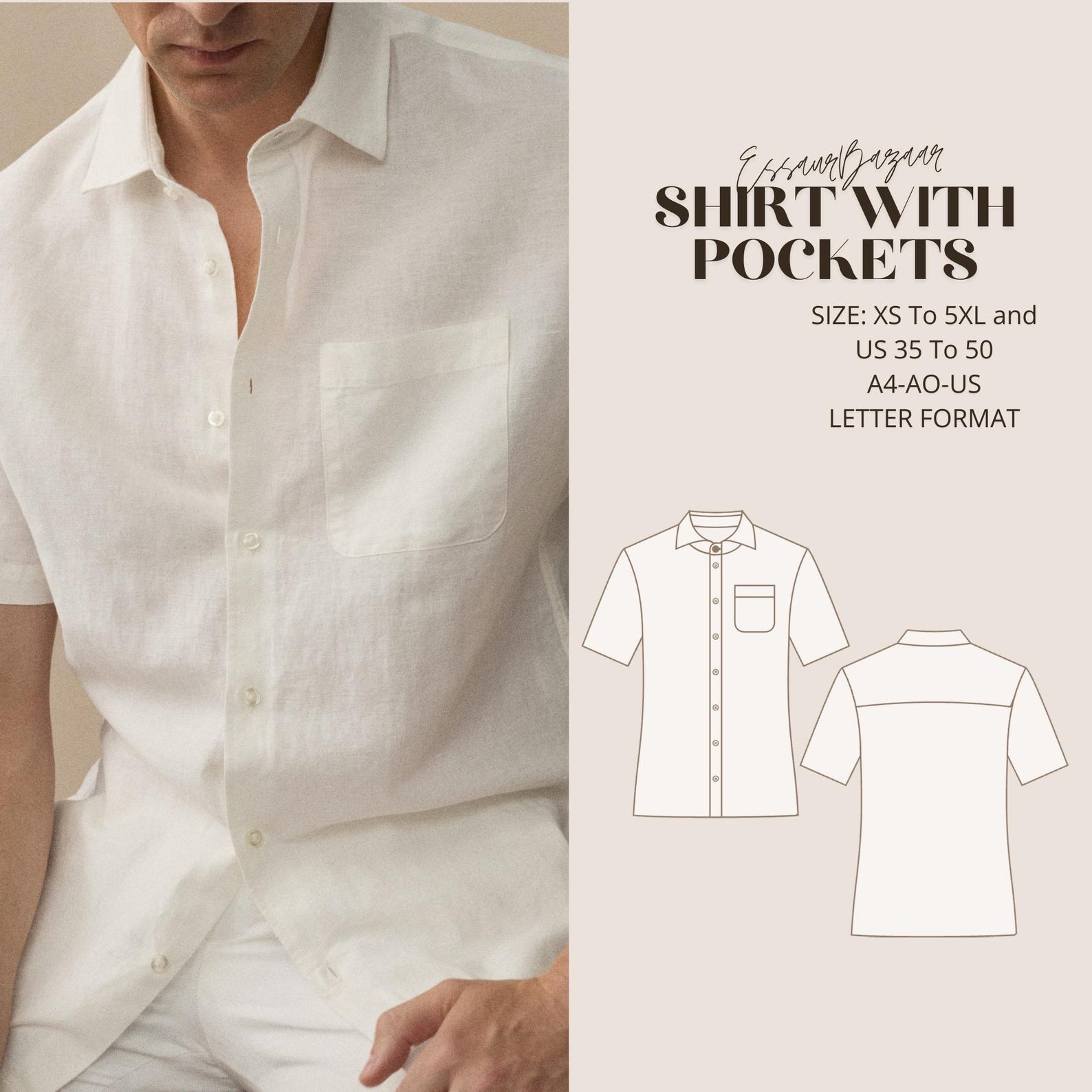 Shirt Sewing Pattern, Men Shirt Pattern, Tropical Shirt Pattern, Sewing ...