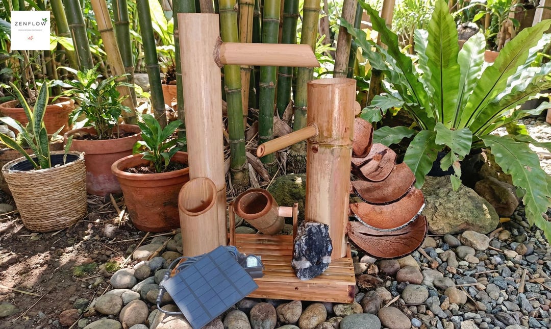 Bamboo Solar Fountain With Coconut & Quartz - Zen Garden Water Feature ...