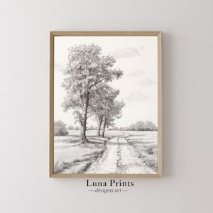 English Country Landscape Drawing, PRINTABLE ART, Neutral Toned ...