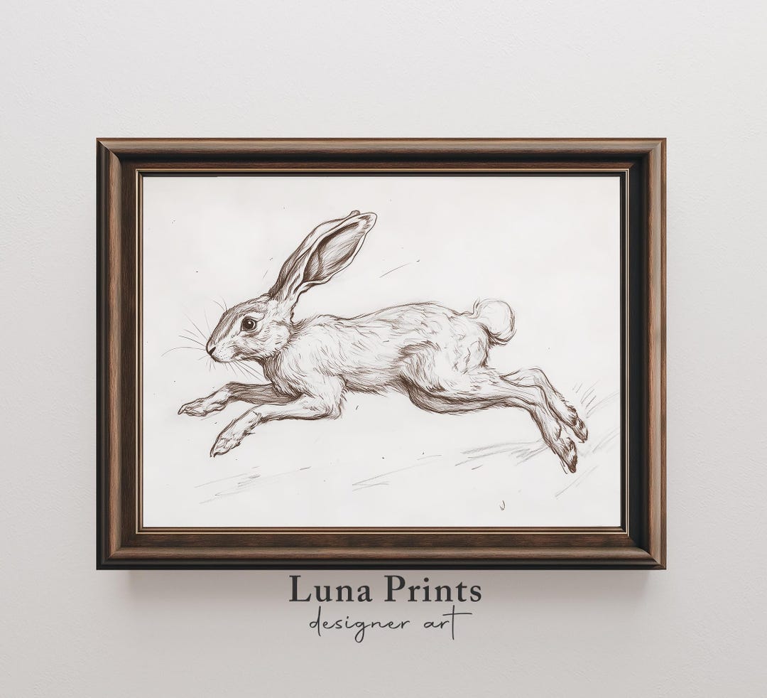 Spring Bunny Art, Easter Drawing Wall Art, Printable Bunny Wall Decor ...