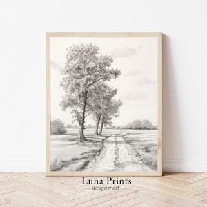 English Country Landscape Drawing, PRINTABLE ART, Neutral Toned ...