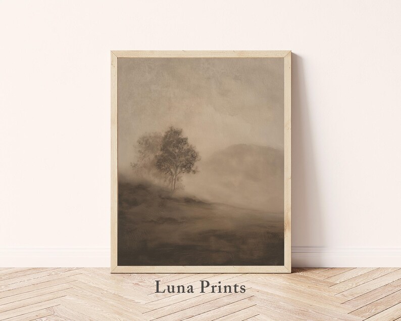 Muted Sepia Tree Landscape Foggy Art Vintage Moody Nature Painting ...