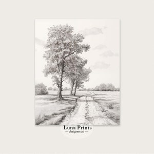 English Country Landscape Drawing, PRINTABLE ART, Neutral Toned ...
