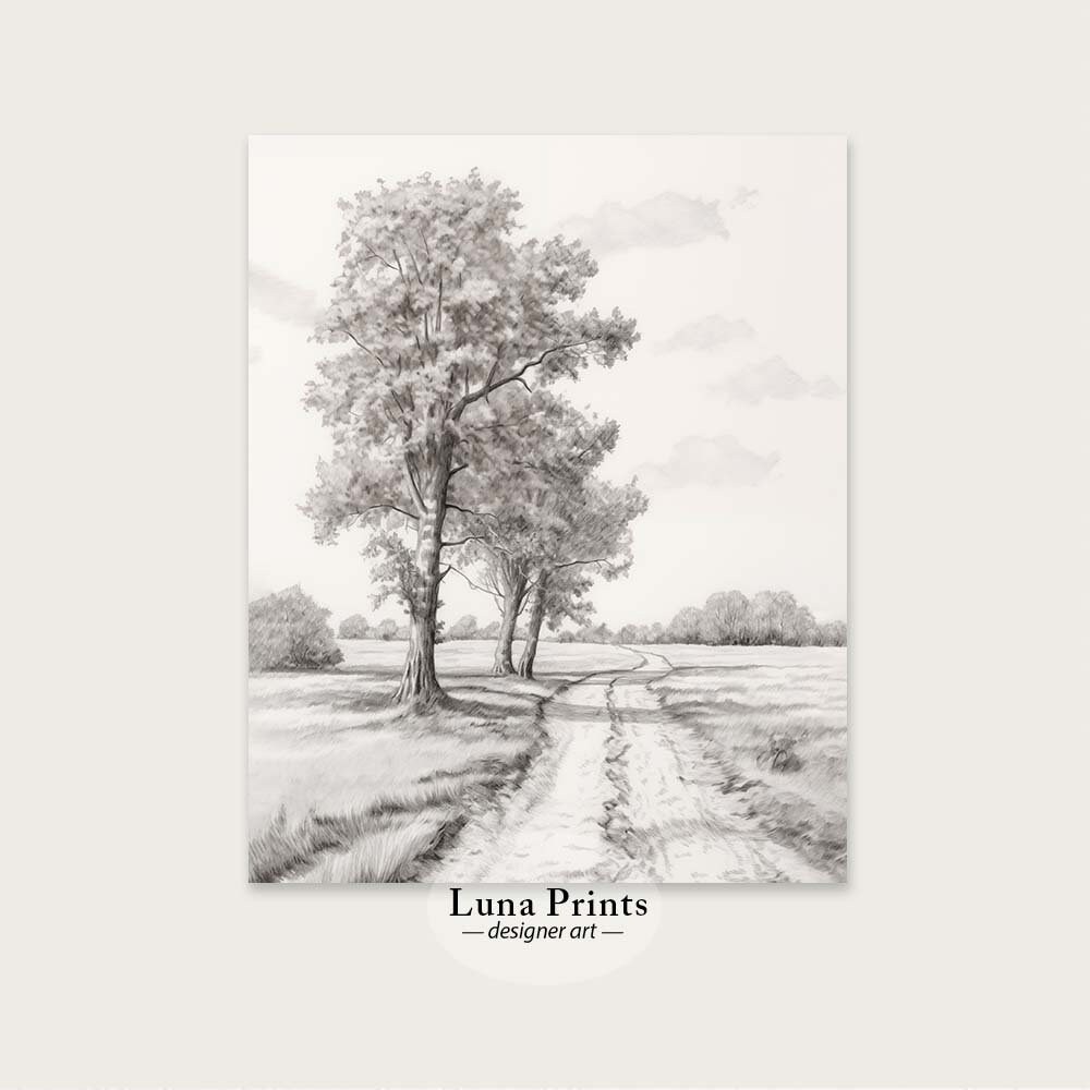 English Country Landscape Drawing, PRINTABLE ART, Neutral Toned ...