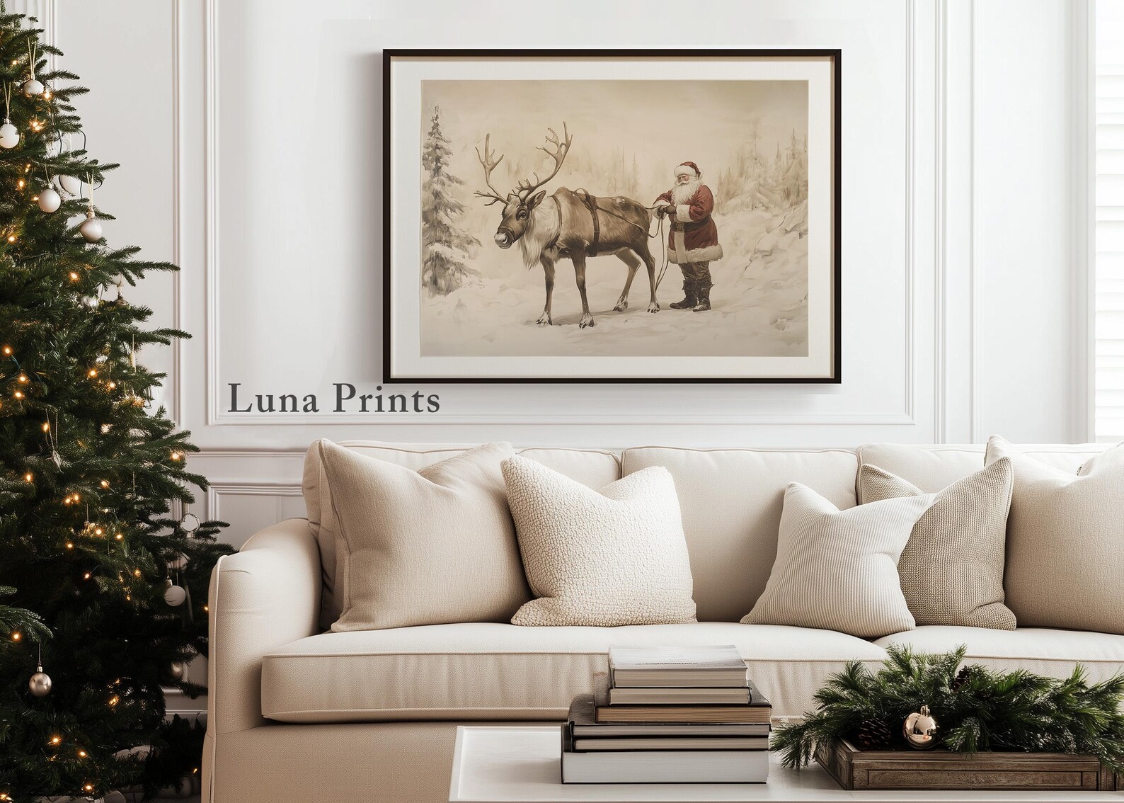 Vintage Santa Art, Reindeer Print, Printable Christmas Art Wall Decor ...