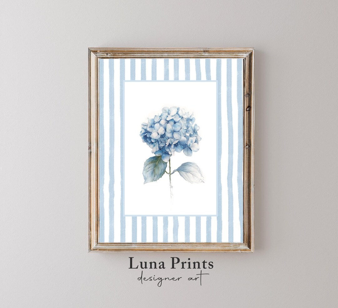 Blue Hydrangea Print With Stripes, Coastal Wall Art, Grandmillennial ...