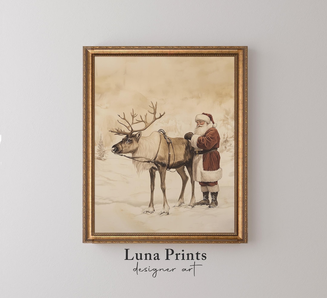 Vintage Santa and Reindeer Art, Printable Christmas Art Wall Decor ...