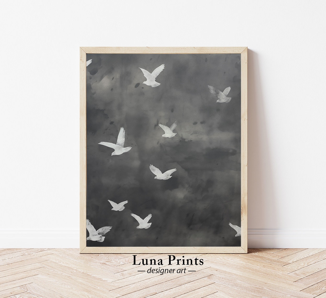 Bird Flock Painting, PRINTABLE ART, Vintage Bird Art, Gray and White ...