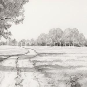 English Country Landscape Drawing, PRINTABLE ART, Neutral Toned ...