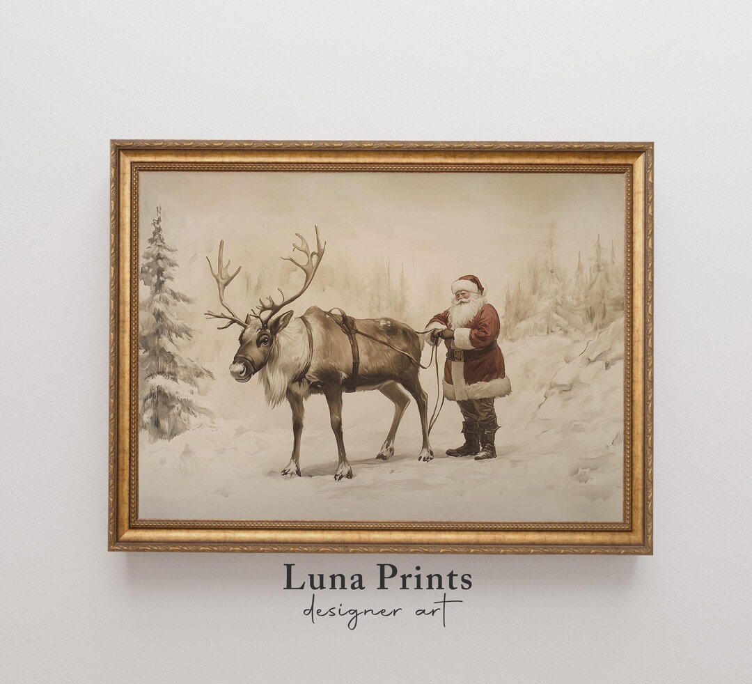 Vintage Santa Art, Reindeer Print, Printable Christmas Art Wall Decor ...