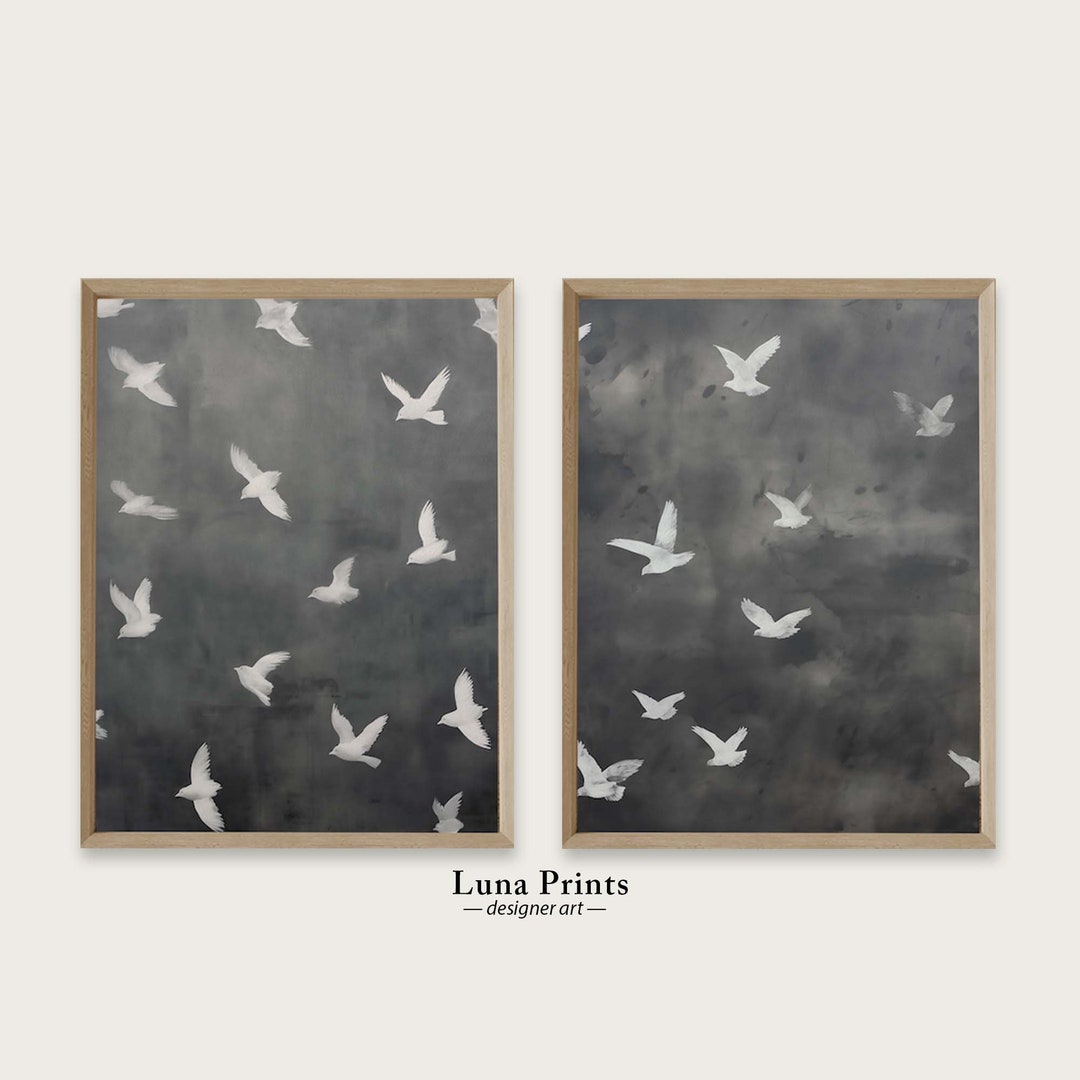 Bird Flock Painting Set of Two, PRINTABLE ART, Vintage Bird Art, Modern ...