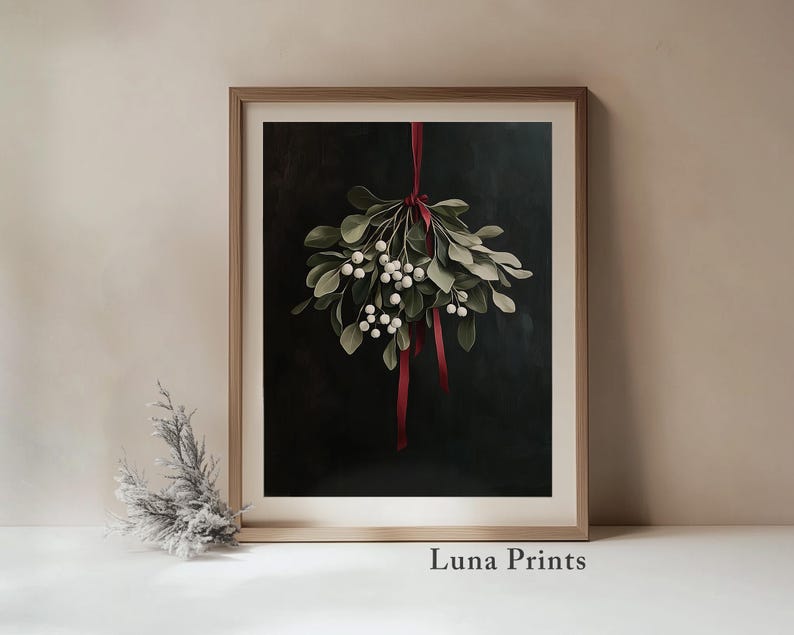 Moody Winter Art, Printable Mistletoe Painting Christmas Wall Decor ...