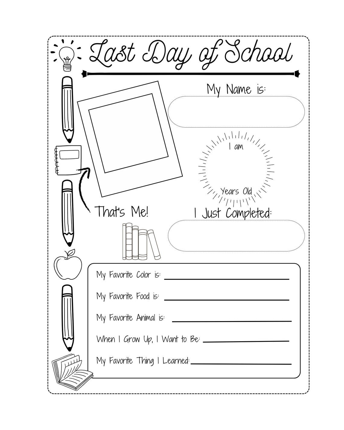 First and Last Day of School - About Me - Digital Printable - Coloring ...