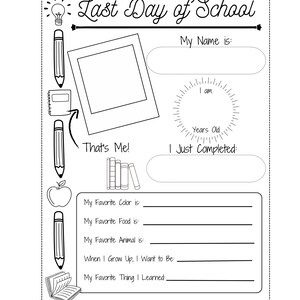 First and Last Day of School - About Me - Digital Printable - Coloring ...