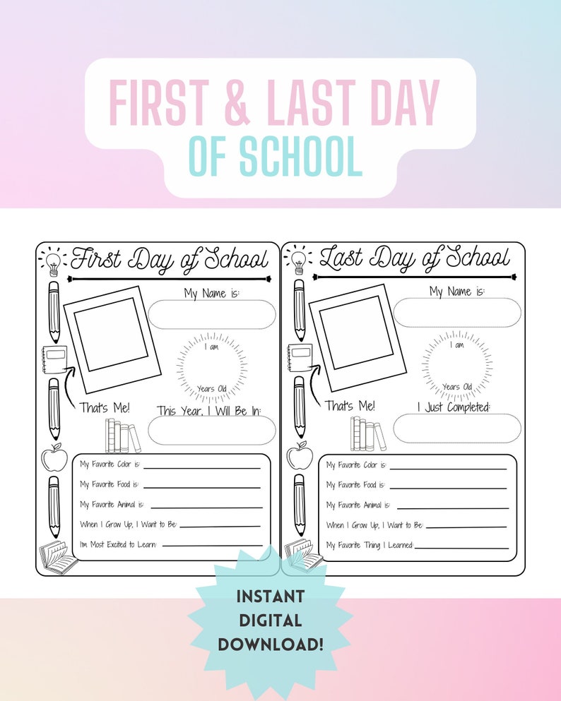 First and Last Day of School - About Me - Digital Printable - Coloring ...